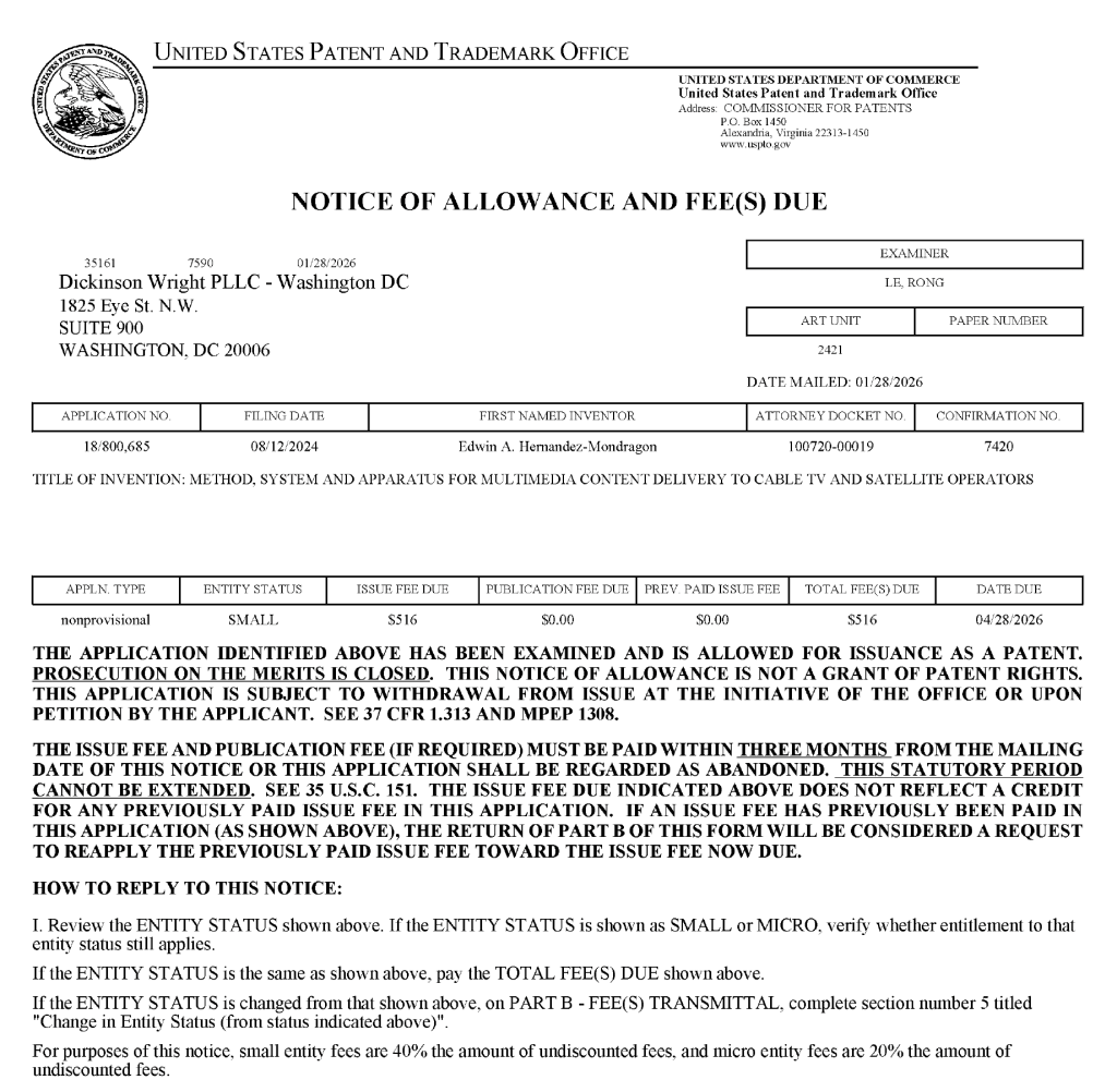 Notice of Allowance - 17th Patent | Edwin Hernandez, PhD